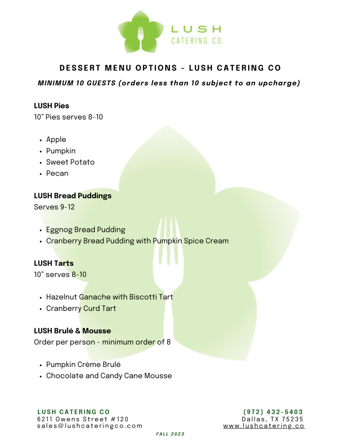Lush Catering Dessert Options Fall 2023 - Dallas, Texas
